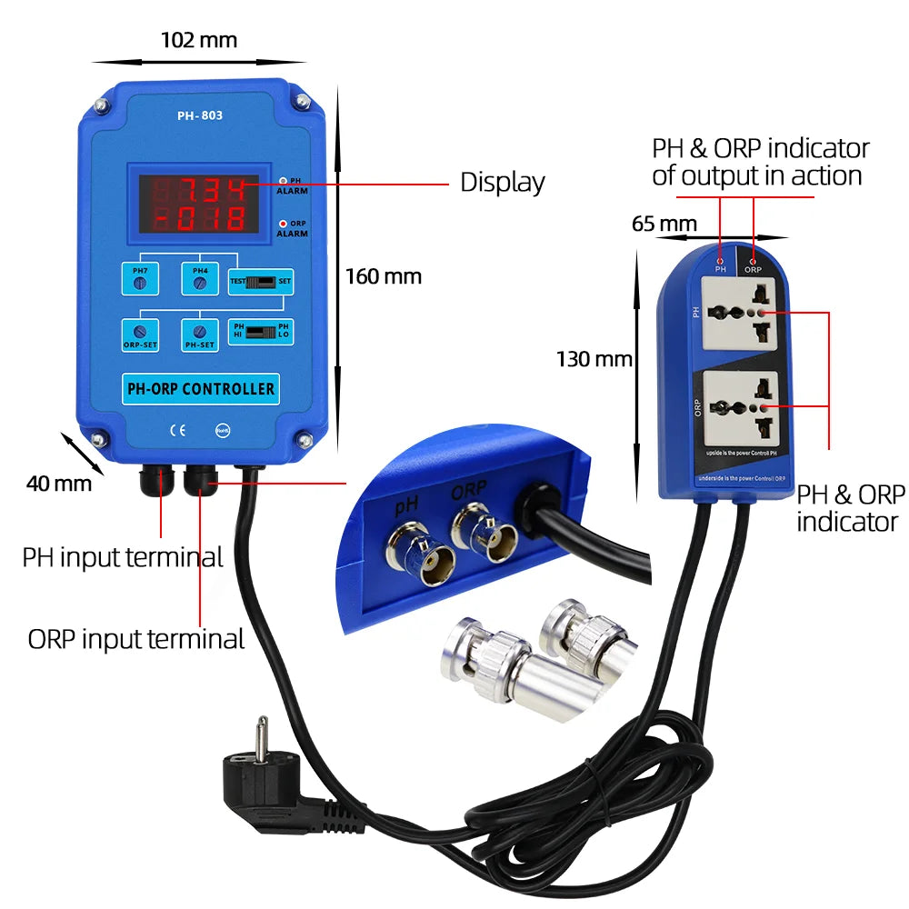 Digital 2-in-1 pH & ORP Monitor Redox Controller | Output Power Relay for Aquariums, Hydroponics ...